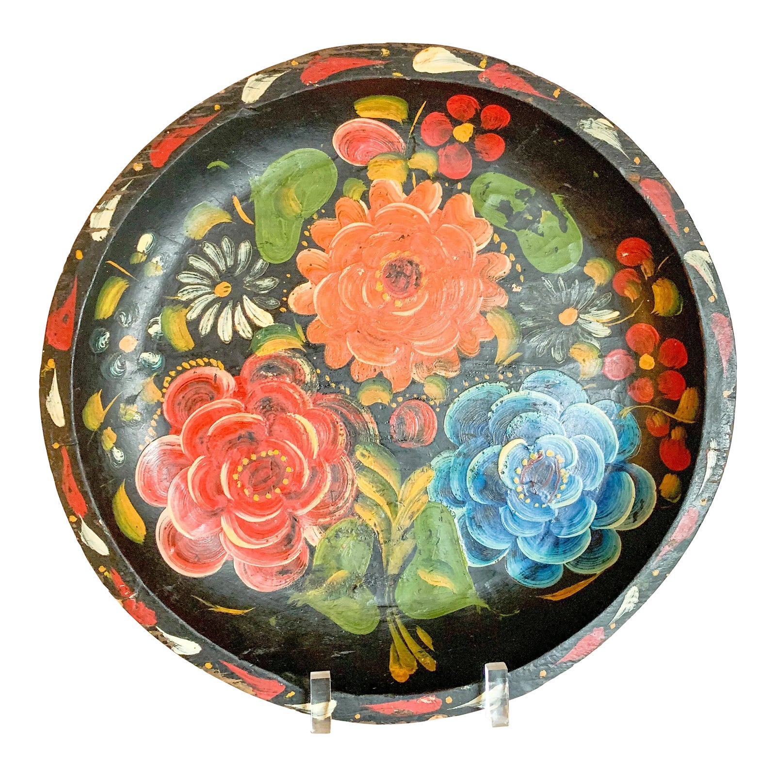 Vintage Hand Painted Mexican Batea Flower Bowl Tray | Chairish