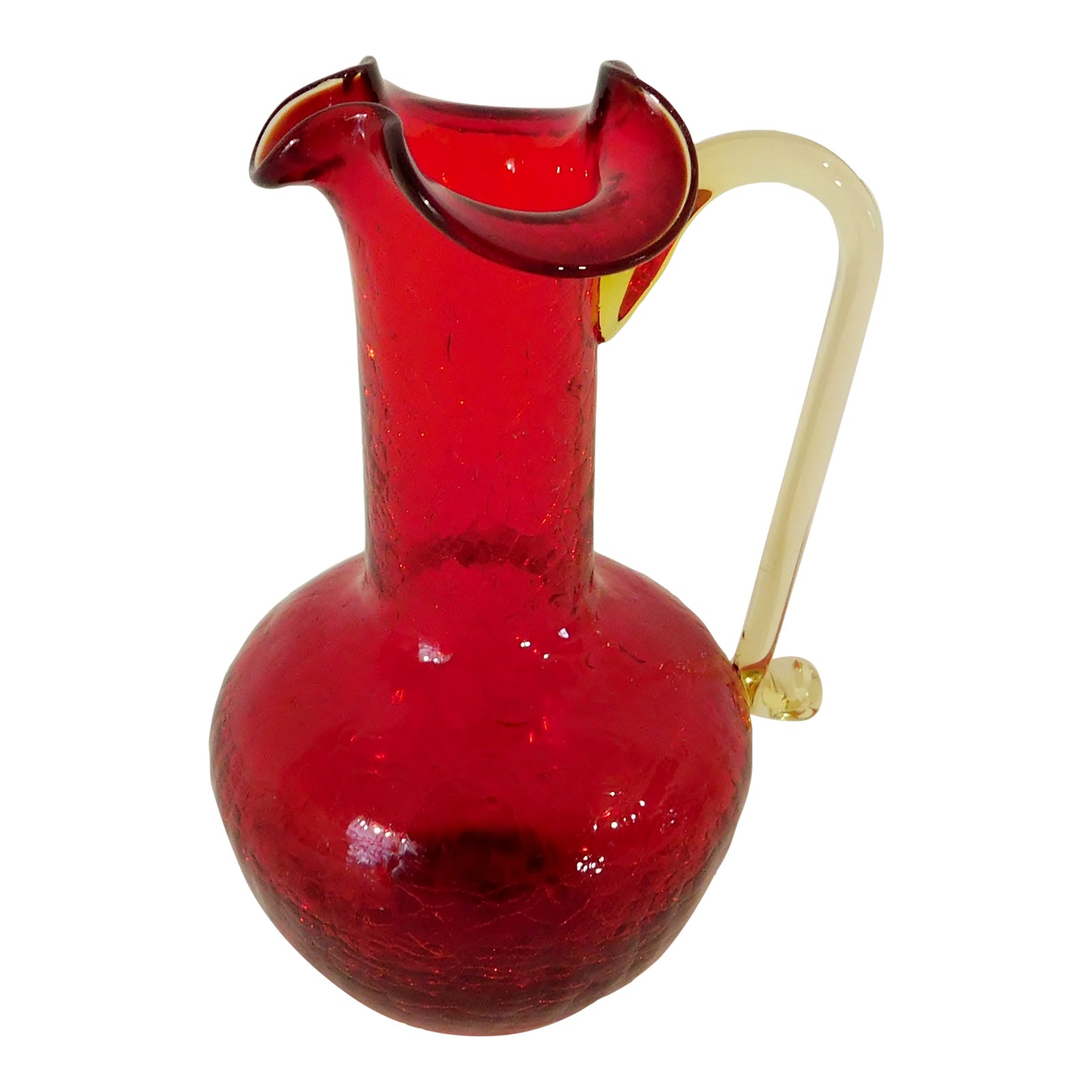 Small Blenko Red Crackle Glass W/ Applied Yellow Handle Syrup Pitcher ...