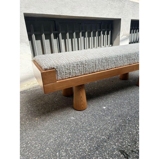 Light Wood Bench with Conical Legs and Grey Bouclé Fabric Sides, 2000s ...