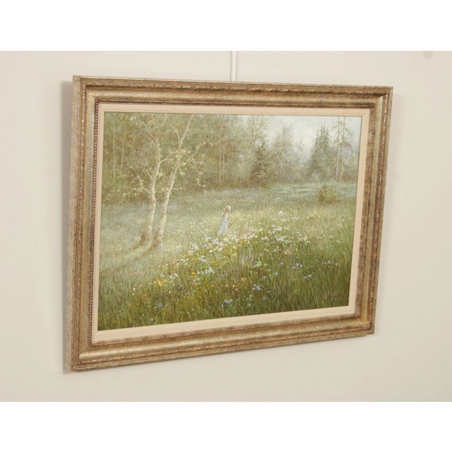 Hyun Bo Yoo 'Girl in Flower Field' Framed Oil Painting | Chairish