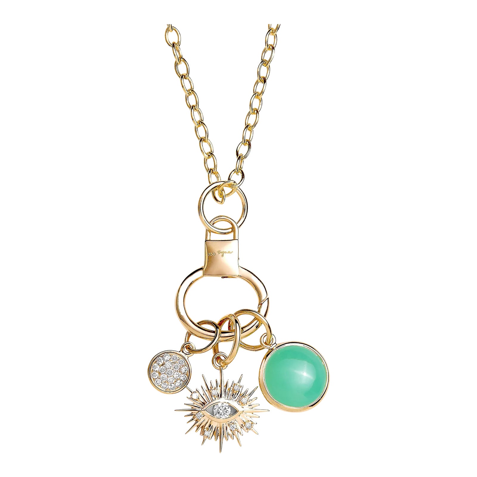 Syna Yellow Gold Three Charms with Evil Eye, Chrysoprase and Diamonds ...