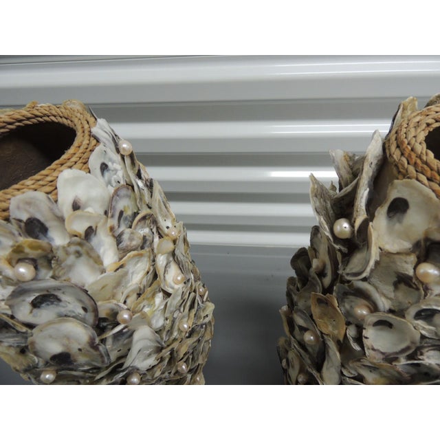 Vintage Tall Round Encrusted Oyster Shells Vases With Faux Pearls ...