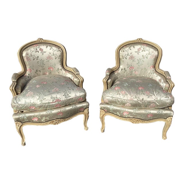 French Painted Bergere Chair W/Silk Upholstery | Chairish