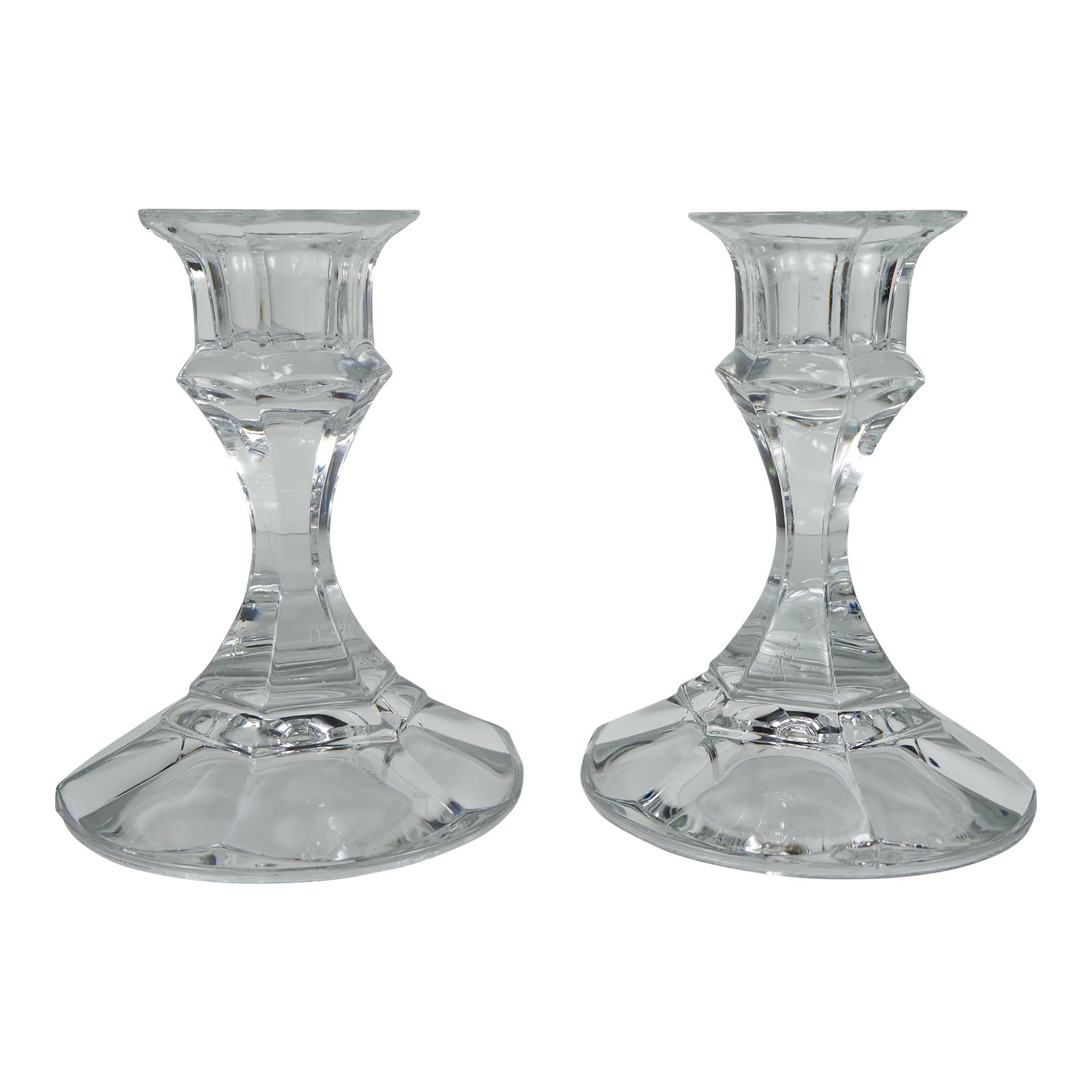 Traditional Faceted Glass Low Candlesticks - a Pair | Chairish