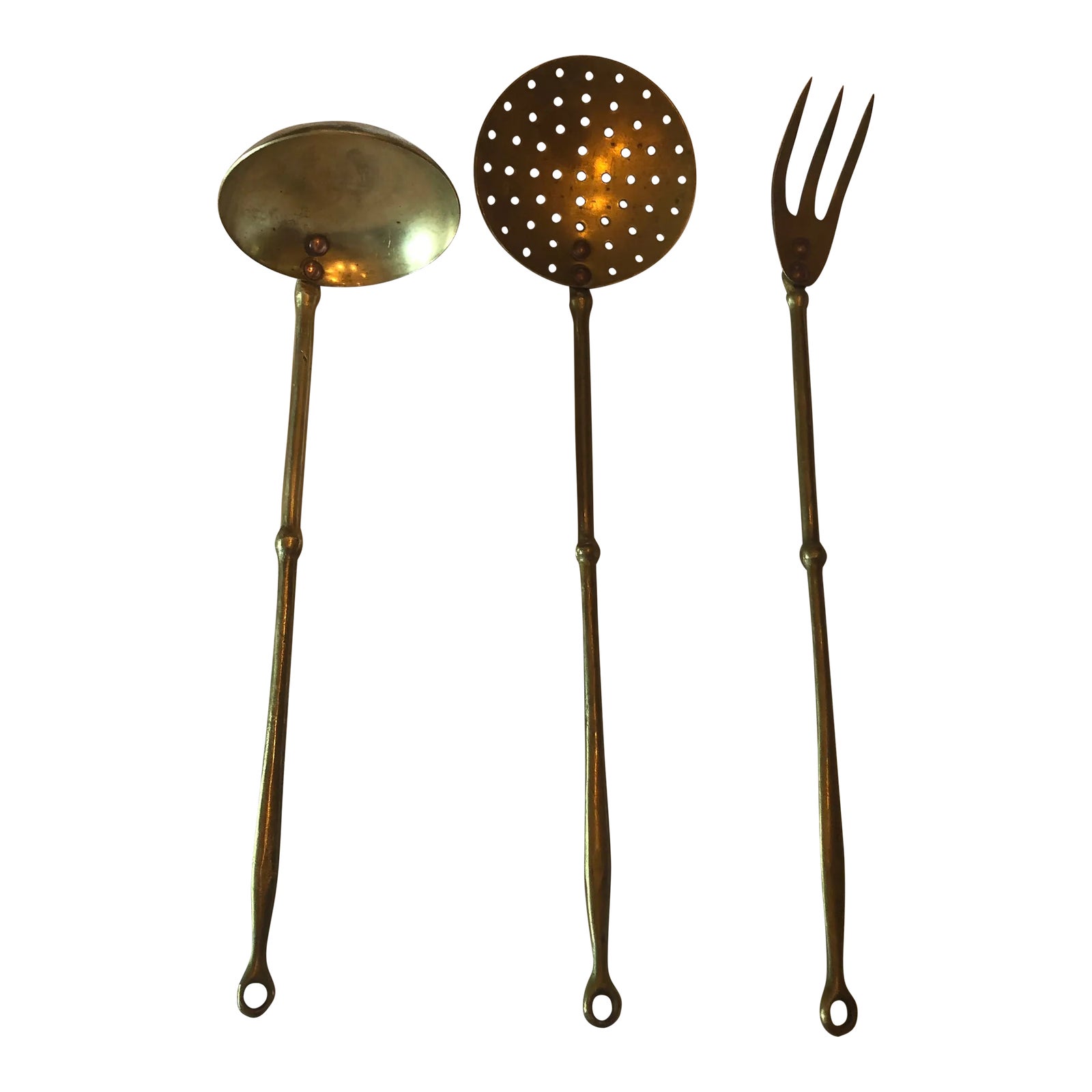 Antique Unvarnished Brass Cooking Utensil Set- 3 Pieces | Chairish