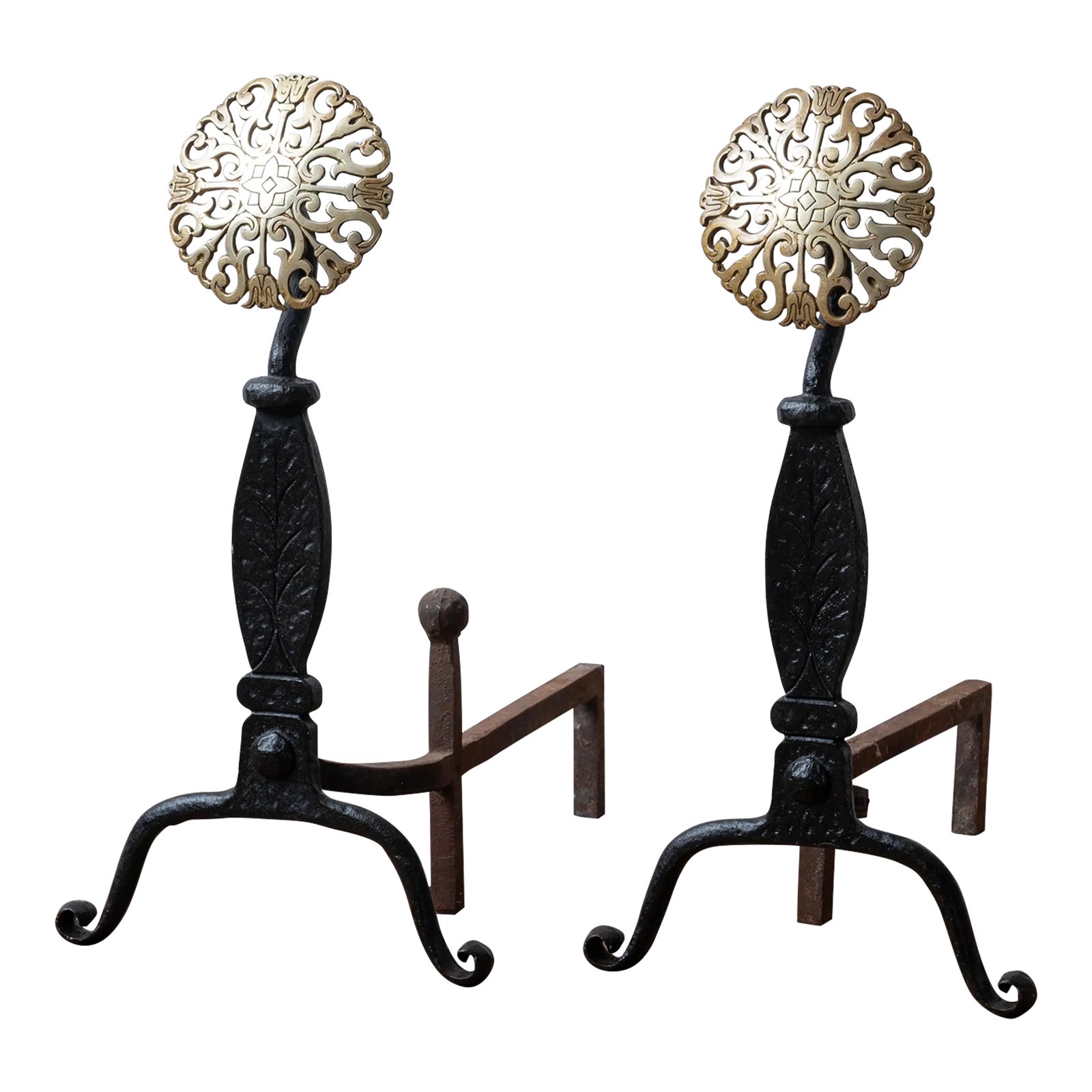 Virginia Metalcrafters Brass Medallion Andirons | Chairish