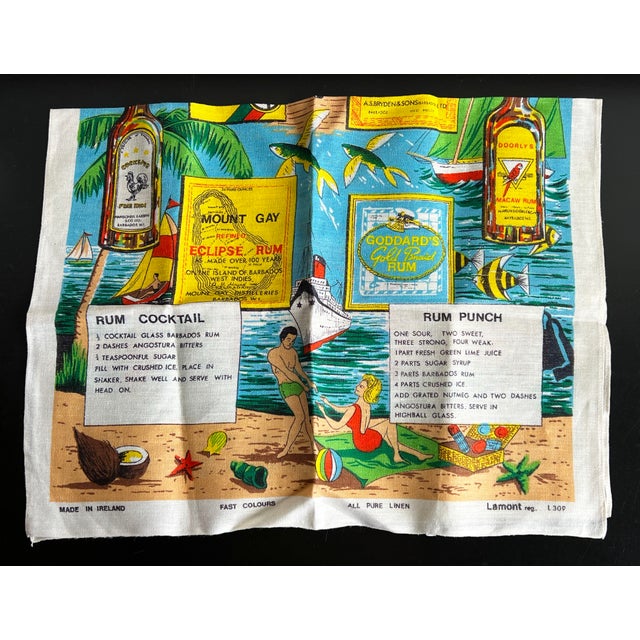 Vintage 1950's Lithographed Caribbean Barbados Rum Bar Towel | Chairish