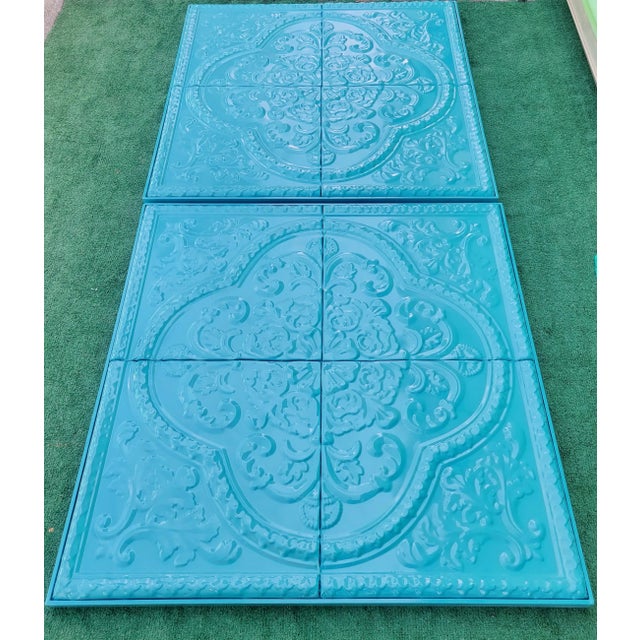 Vintage Huge Square Bright Blue Carved Metal Tin Ceiling Tile Wall Art ...