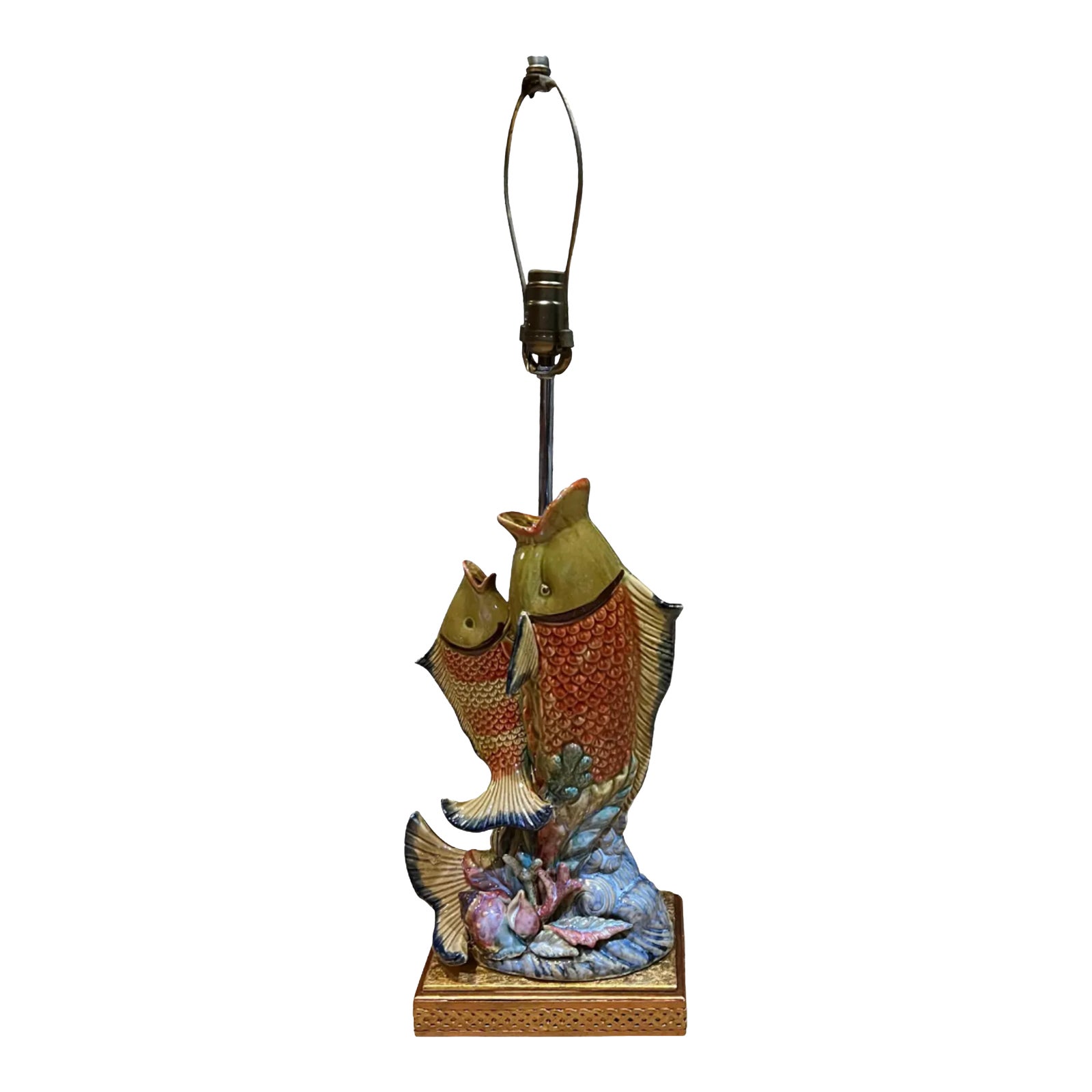 Majolica Leaping Fish Coral Table Lamp | Chairish