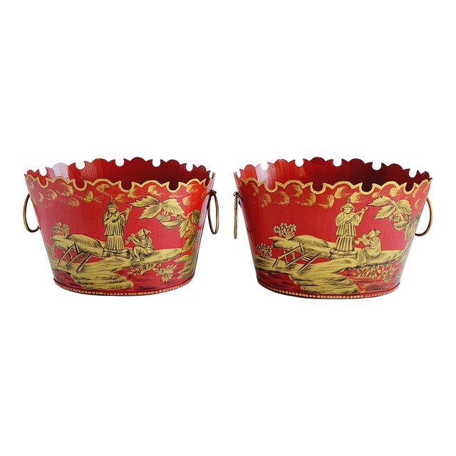 Chinoiserie Style Tole Painted Cachepots-A Pair | Chairish
