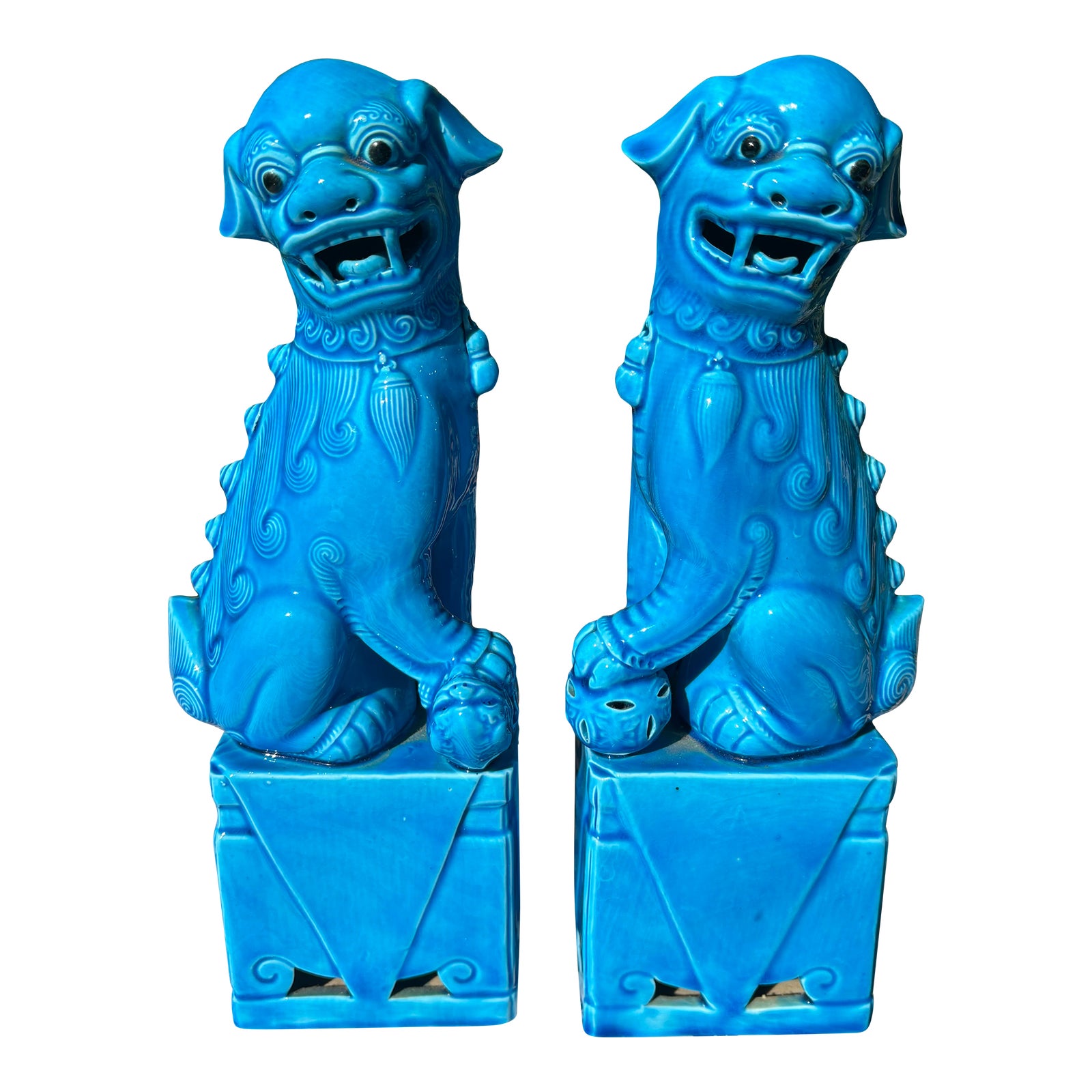 Vintage Turquoise Chinese Foo Dog Guardian Lion Statues - A Pair | Chairish