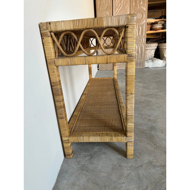 Vintage Boho Chic Coastal Woven Rattan Two - Tier Console Table | Chairish