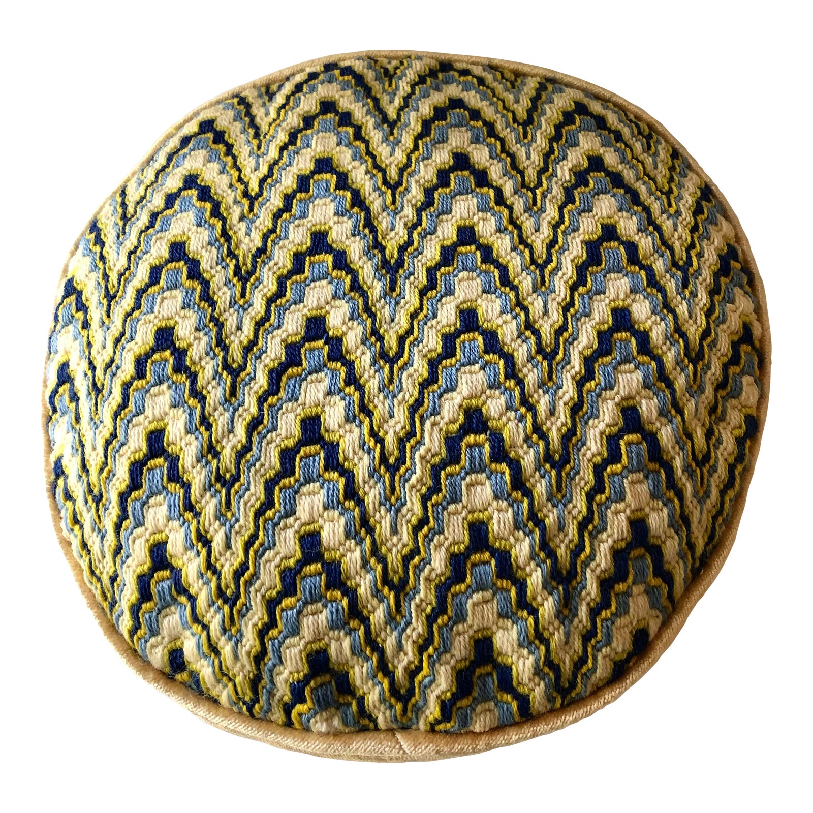 Vintage Needlepoint Round Pillow | Chairish