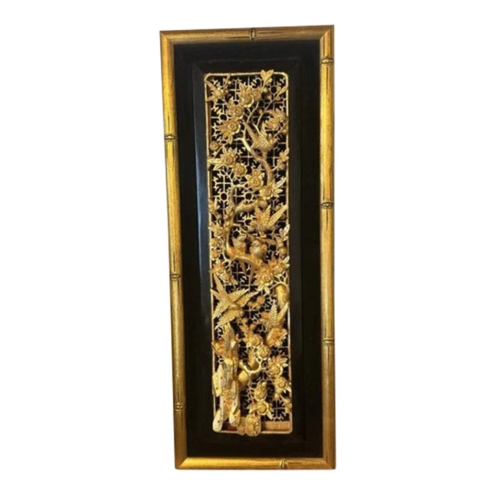 Vintage Chinese Giltwood Carved Relief Wall Hanging With Birds Flowers ...