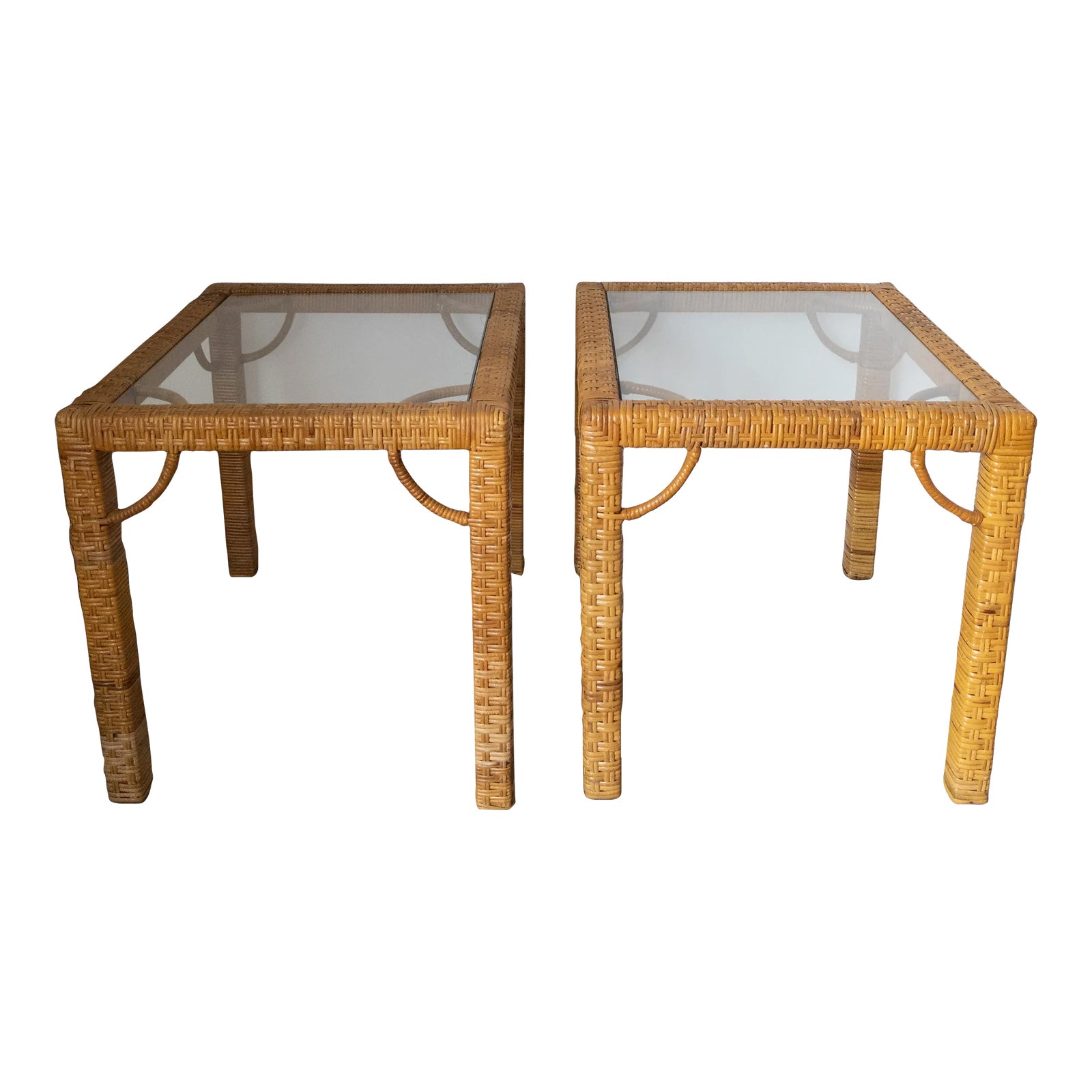 1970’s Cane Rattan Wrapped Rectangular Side Tables With Glass Top - a ...
