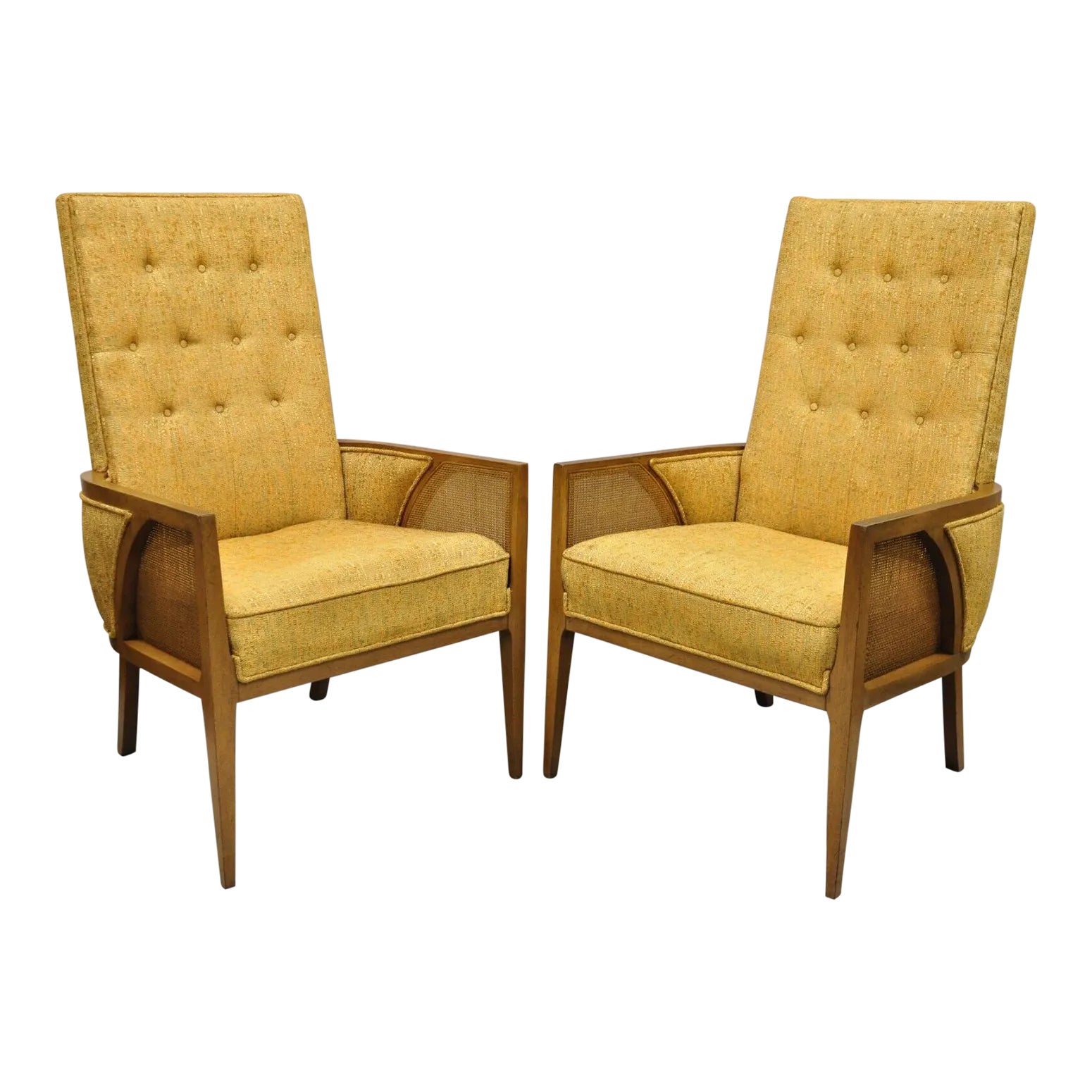 Mid Century Hollywood Regency Sculpted Wood Cane Panel Lounge Chairs ...