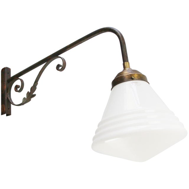 French Cast Iron and Opaline Glass Wall Light | Chairish