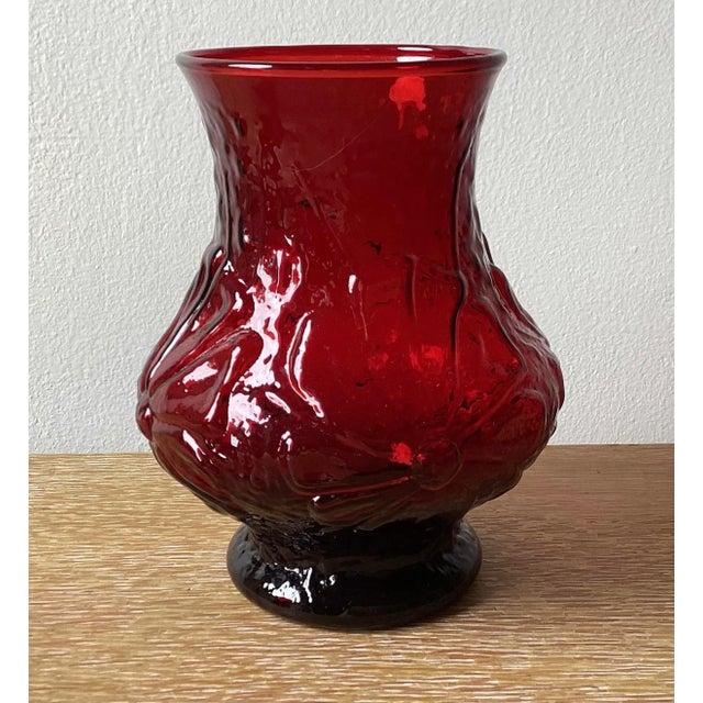 Mid Century Modern Cranberry Red Crinkle Glass Vases a Pair | Chairish