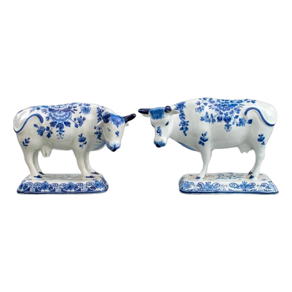 Dutch Delft Blue and White Figures of Cows, Pair | Chairish