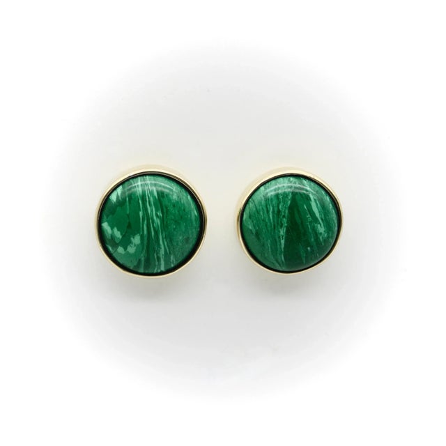 14k Gold Signature Malachite Button Earrings - 2 Pieces | Chairish