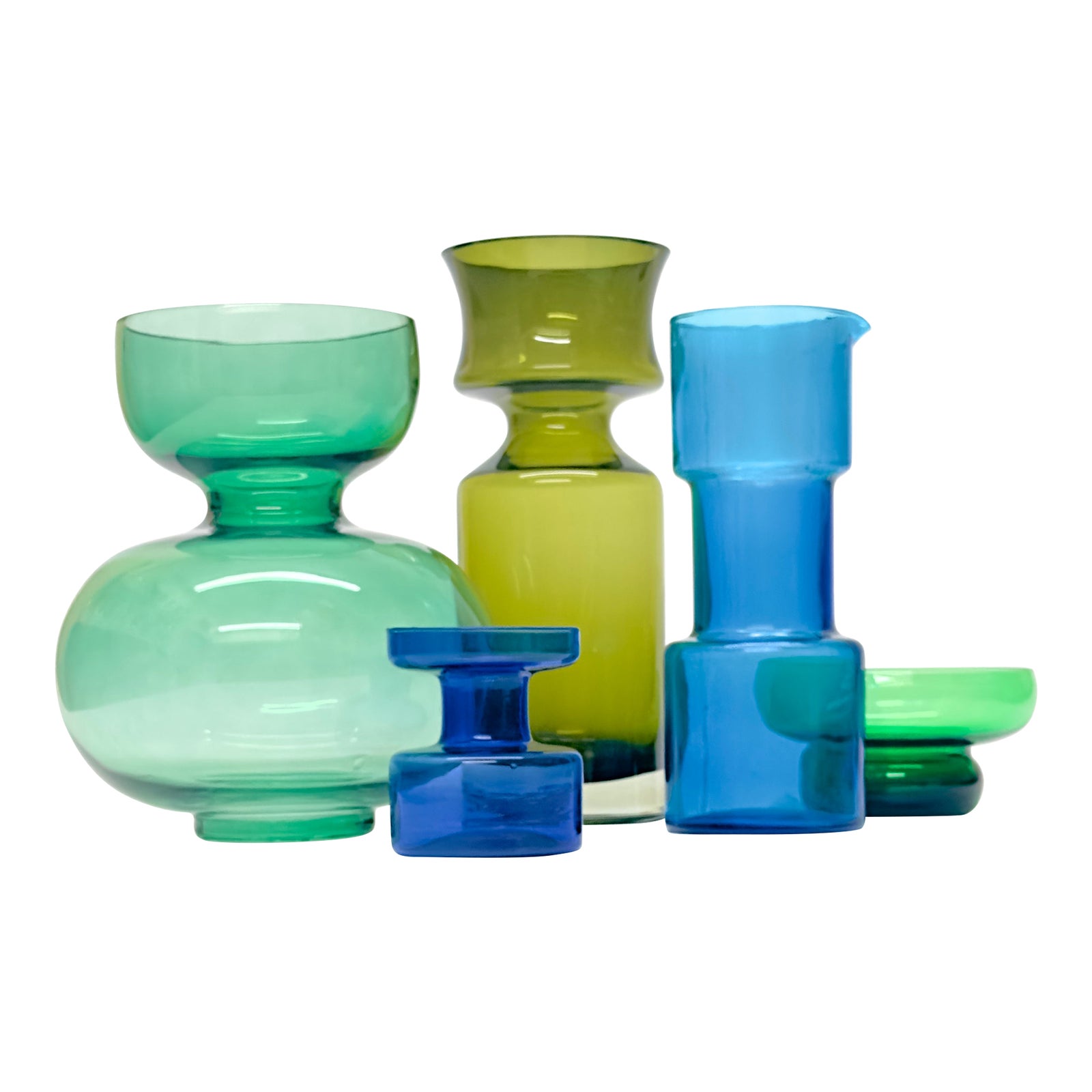 Vintage Mixed Green and Blue Glass Vessel Curation - Group of 5 | Chairish