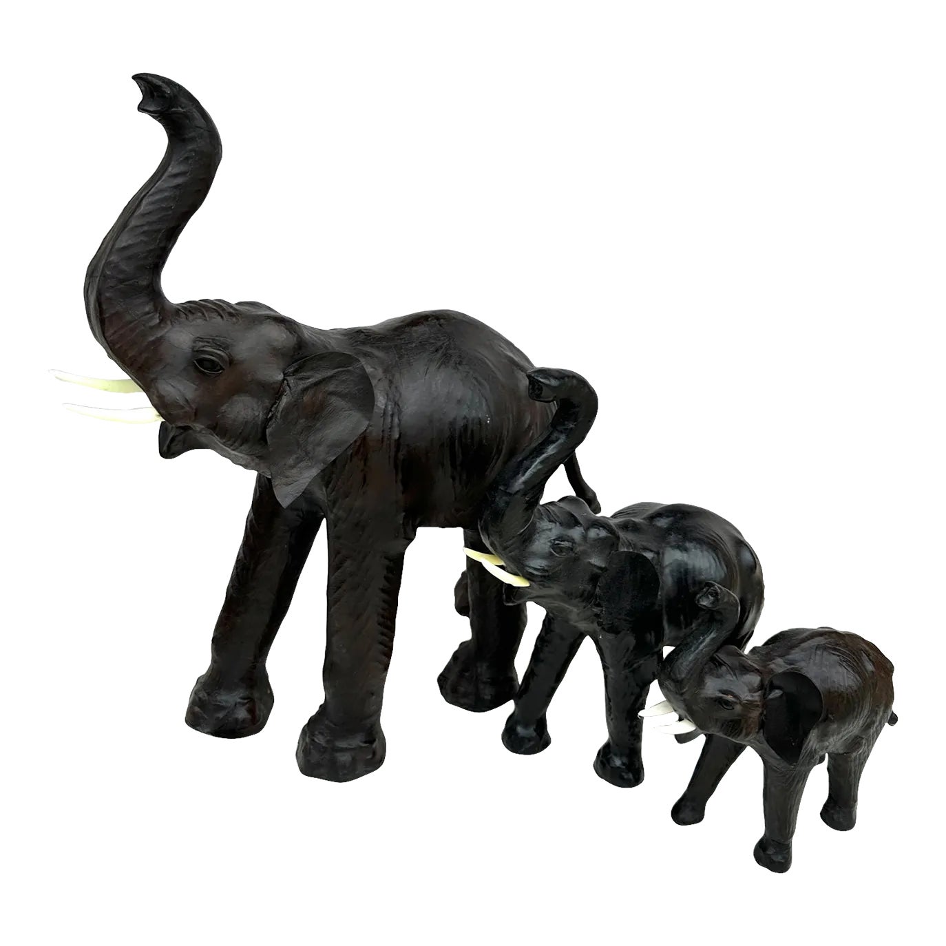 Large Antique Leather Wrapped Elephants-A Set | Chairish