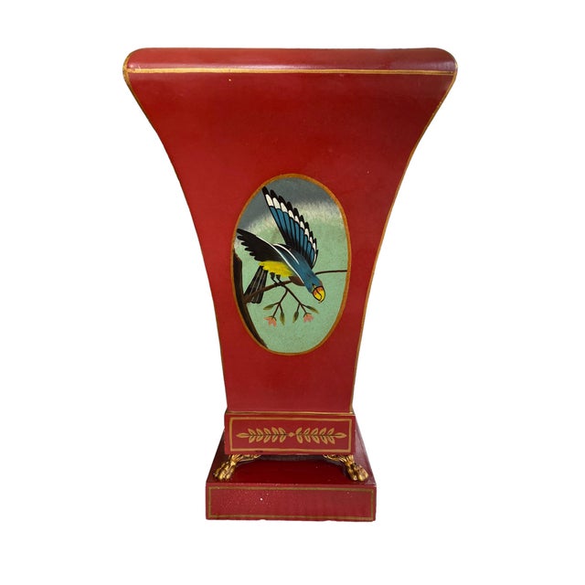 Tall Vintage French Tole Hand Painted Metal Vase | Chairish
