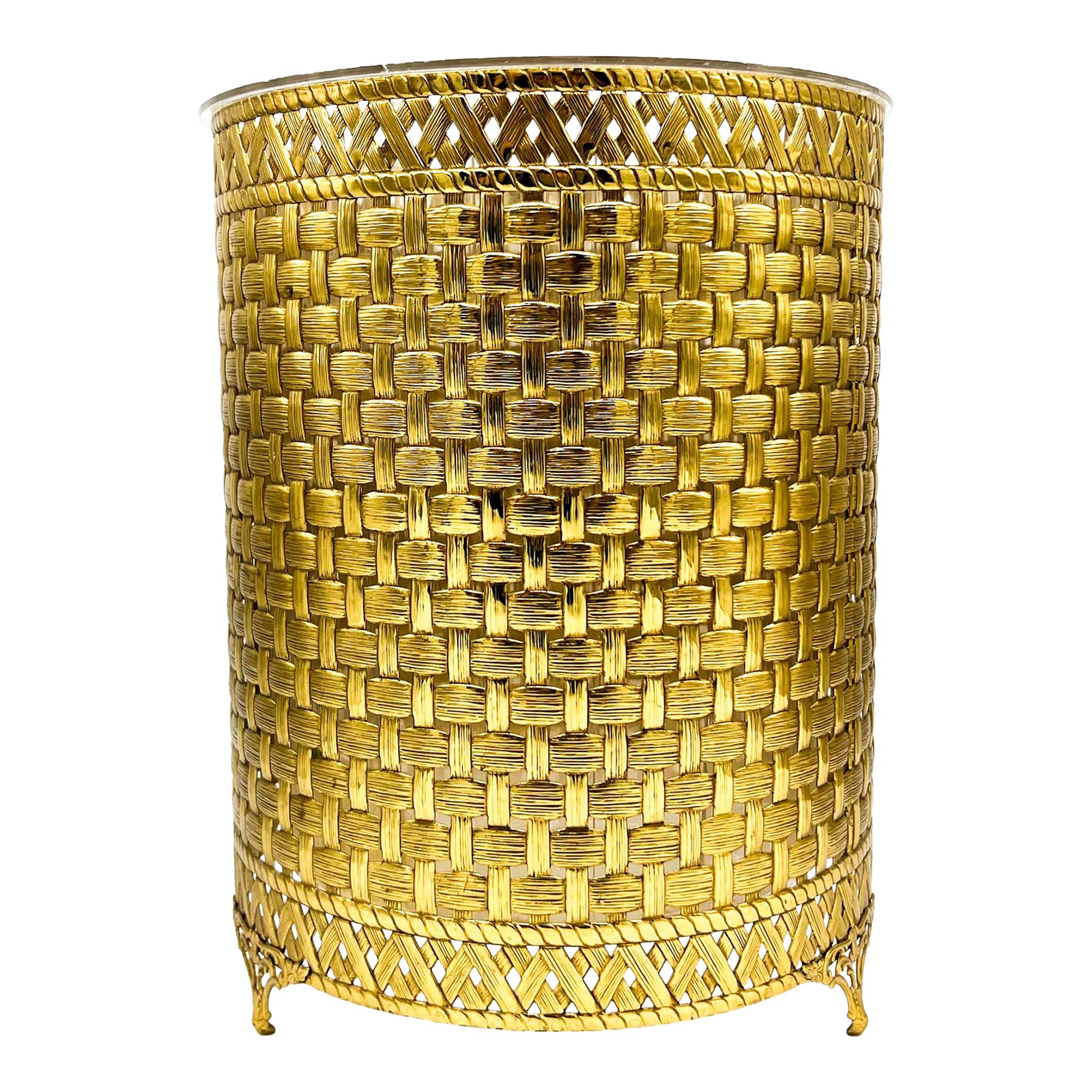 Vintage Brass Wastebasket With Basketweave Design and Transparent Plastic Liner – Hollywood ...