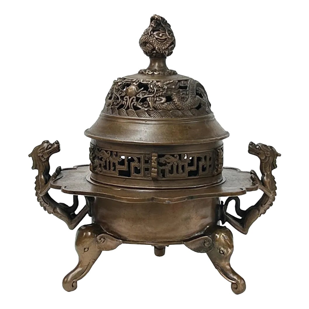 Vintage Bronze Metal Tri-Leg Ding Shape Incense Burner Display Art ...