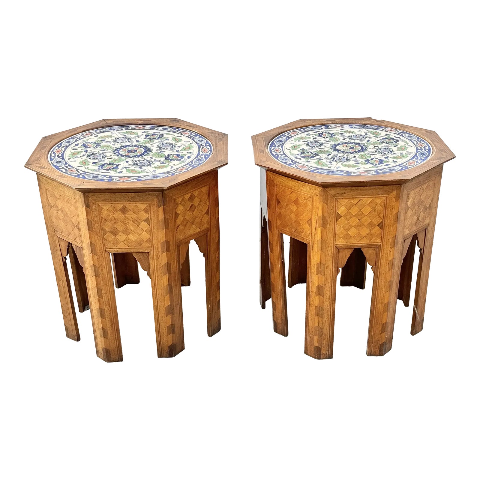 Antique Turkish Tile Top and Wood Marquetry Side Tables-A Pair | Chairish
