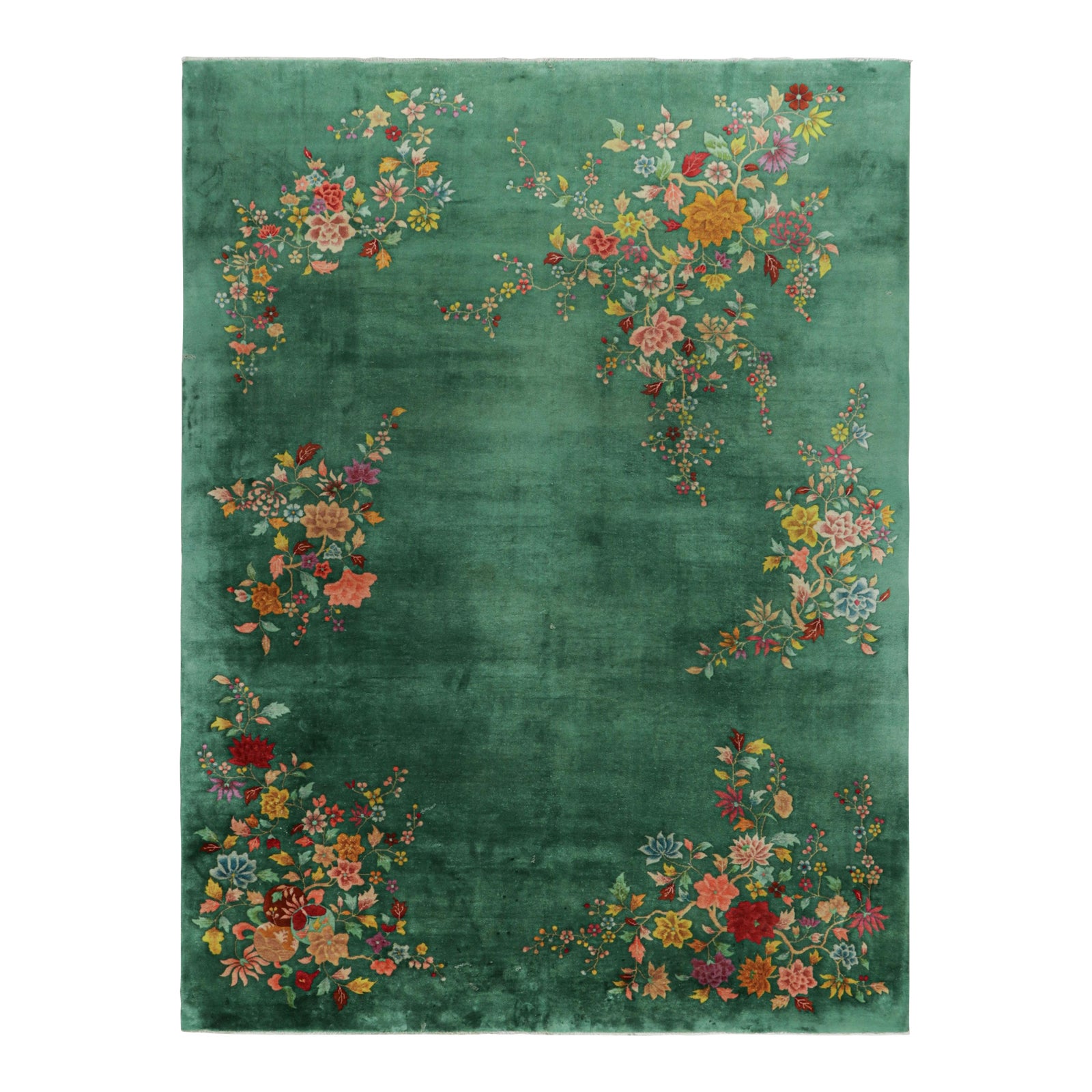 Antique Chinese Art Deco Rug in Teal Green With Floral Patterns | Rug ...