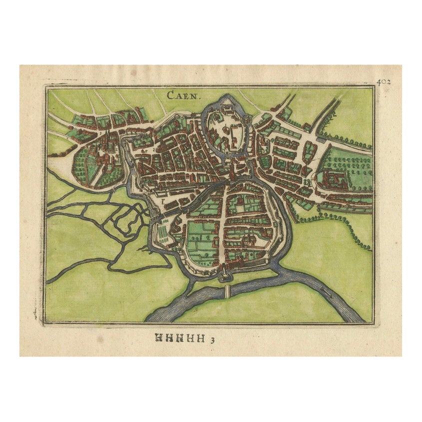 Antique Hand-Coloured Normandy Town of Caen Map Engraving, 1666 | Chairish