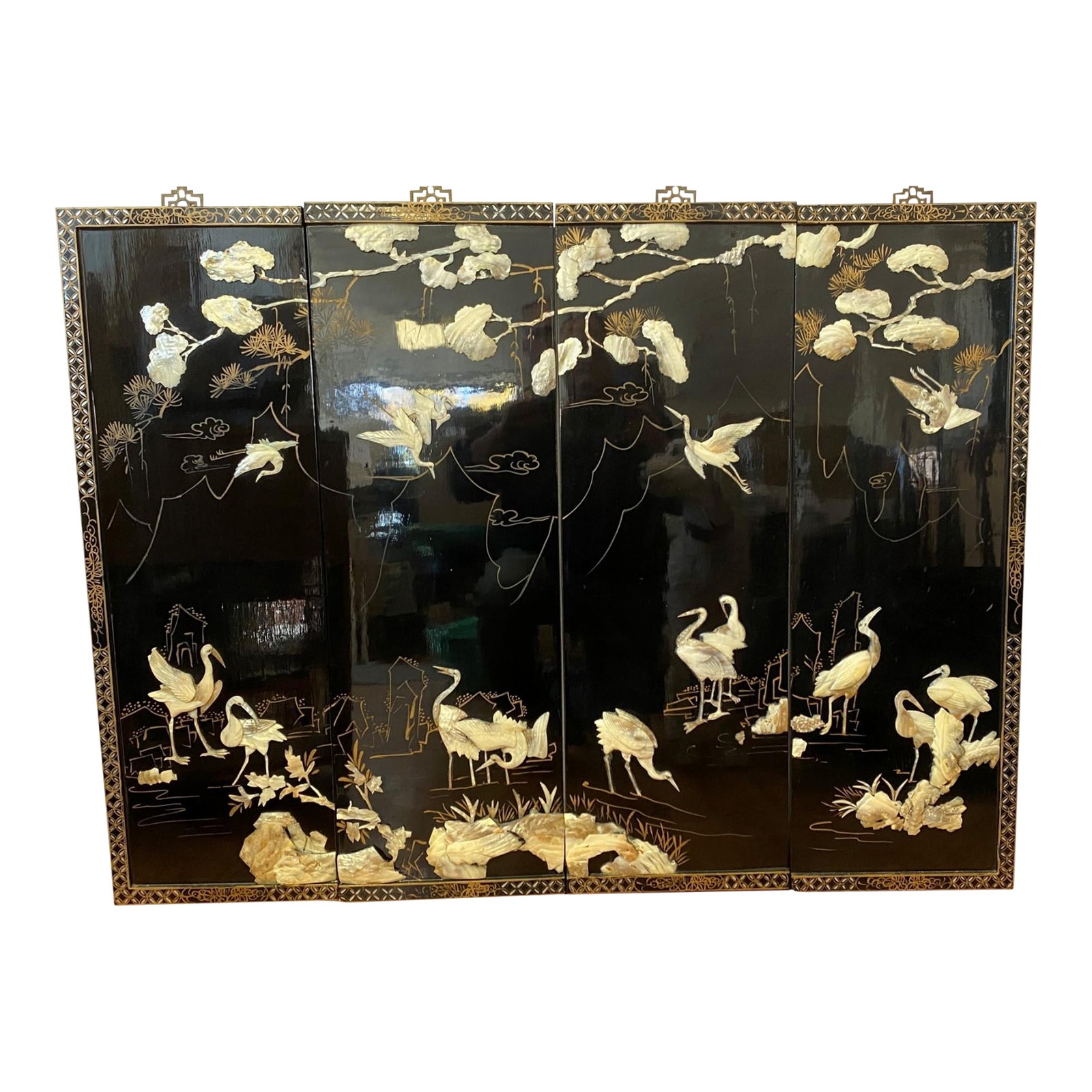 Vintage Black Lacquered Coromandel Wall Hanging Panels - Set of Four ...