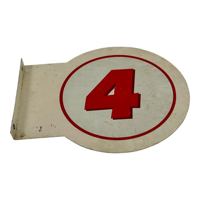 Vintage Metal Wall Sign With Number 4 in Red | Chairish