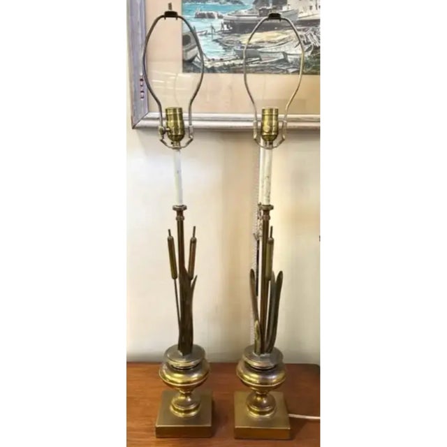 Mid Century, Hollywood Regency Brass Cattail Lamps, Rewired | Chairish
