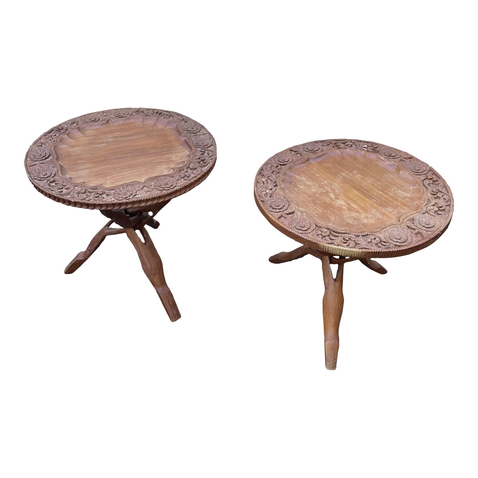 Pair of Carved Indian Side Tables | Chairish