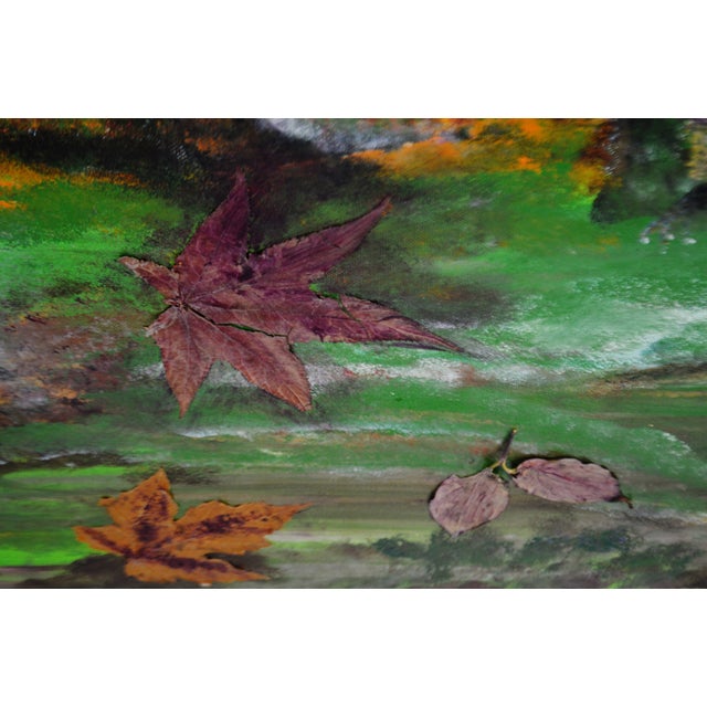 Vintage Large Oil on Canvas Landscape Painting W/ Natural Leaf Applique ...