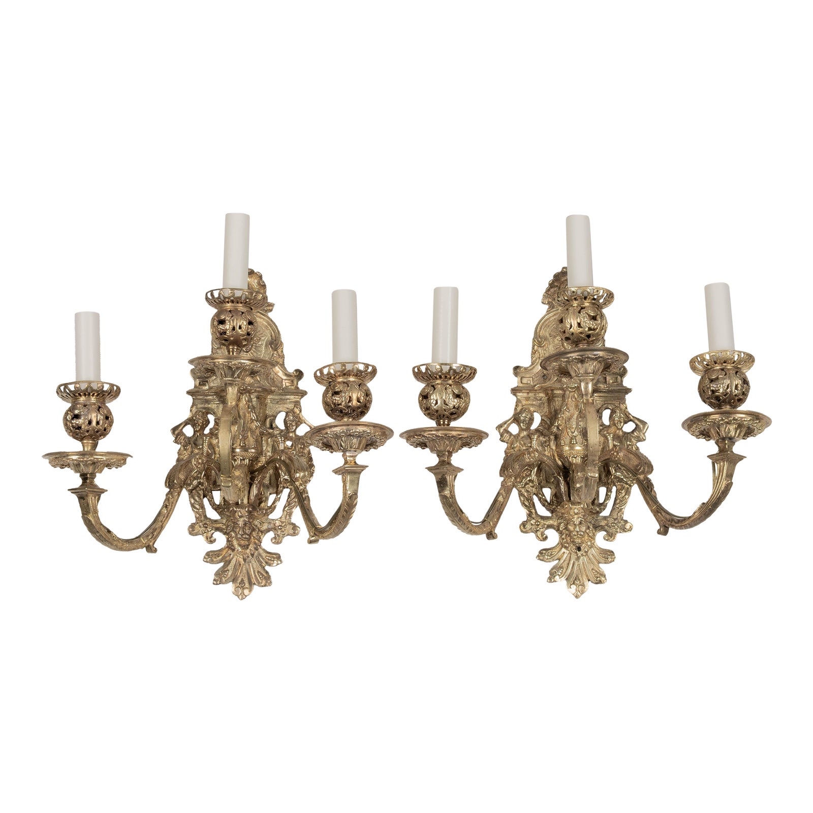 Pair of 19th Century French Baroque Cast Bronze Wall Sconces | Chairish