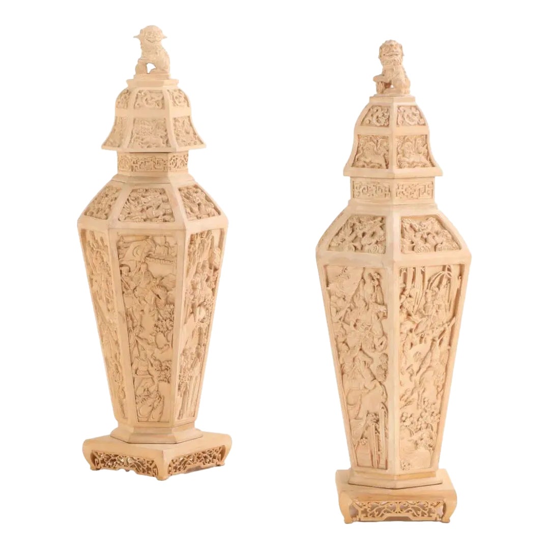 Pair of Painted and Carved Asian Urns With Lids | Chairish