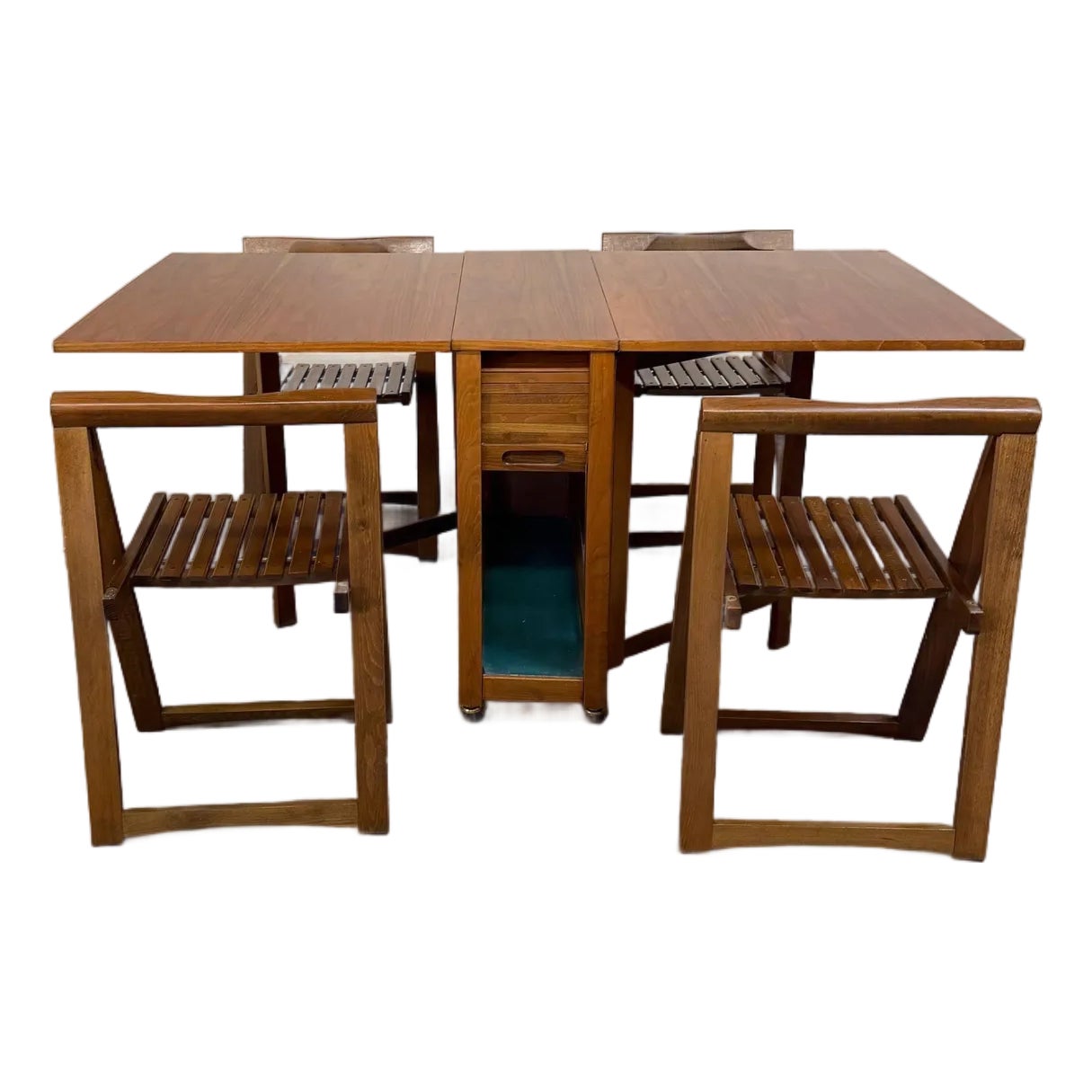 Mid 20th Century Teak Drop-Leaf Dining Table With 4 Folding Chairs ...