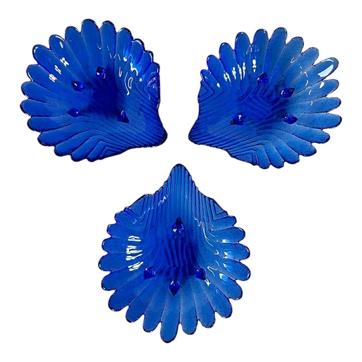 Vintage Blue Glass Shell Shaped Bowls- Set of 3 | Chairish