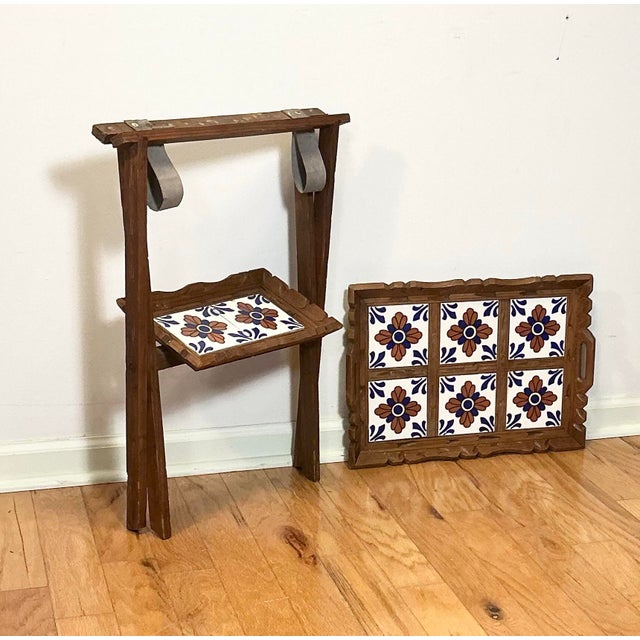 Vintage Carved Wood Mexican Tile Folding Double Tray Table | Chairish