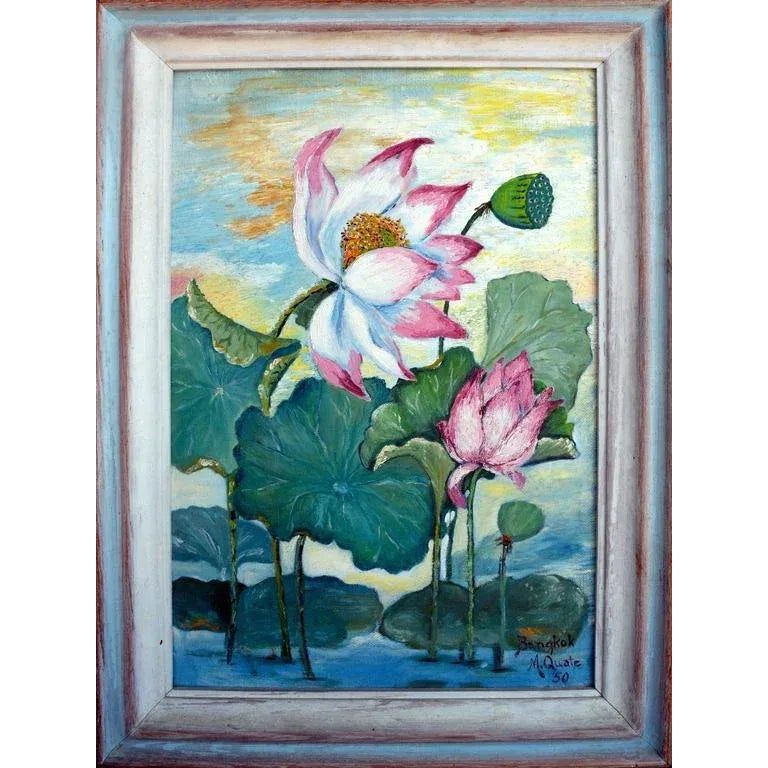 1940s Lotus Still Life Oil Painting, Framed | Chairish