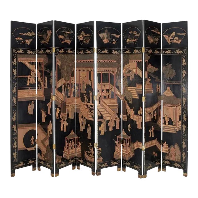Tall Eight Panel Lacquered Coromandel Chinese Screen | Chairish