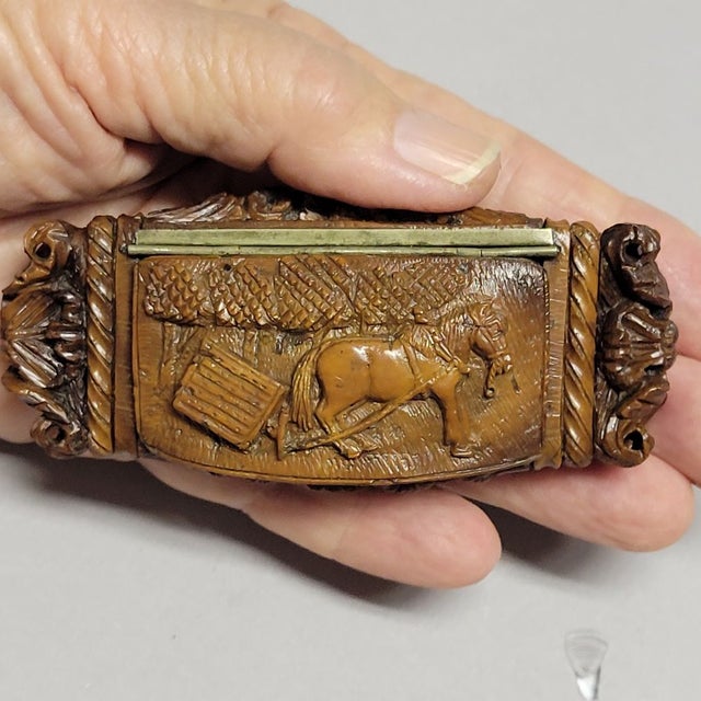 Antique French Hand Carved Coquilla Nut Snuff Box With Horse | Chairish