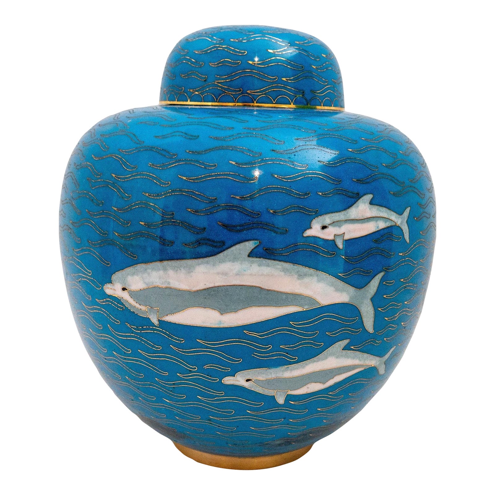 1980s Chinese Chinoiserie Cloisonné Enamel Dolphin & Ocean Waves Ginger ...