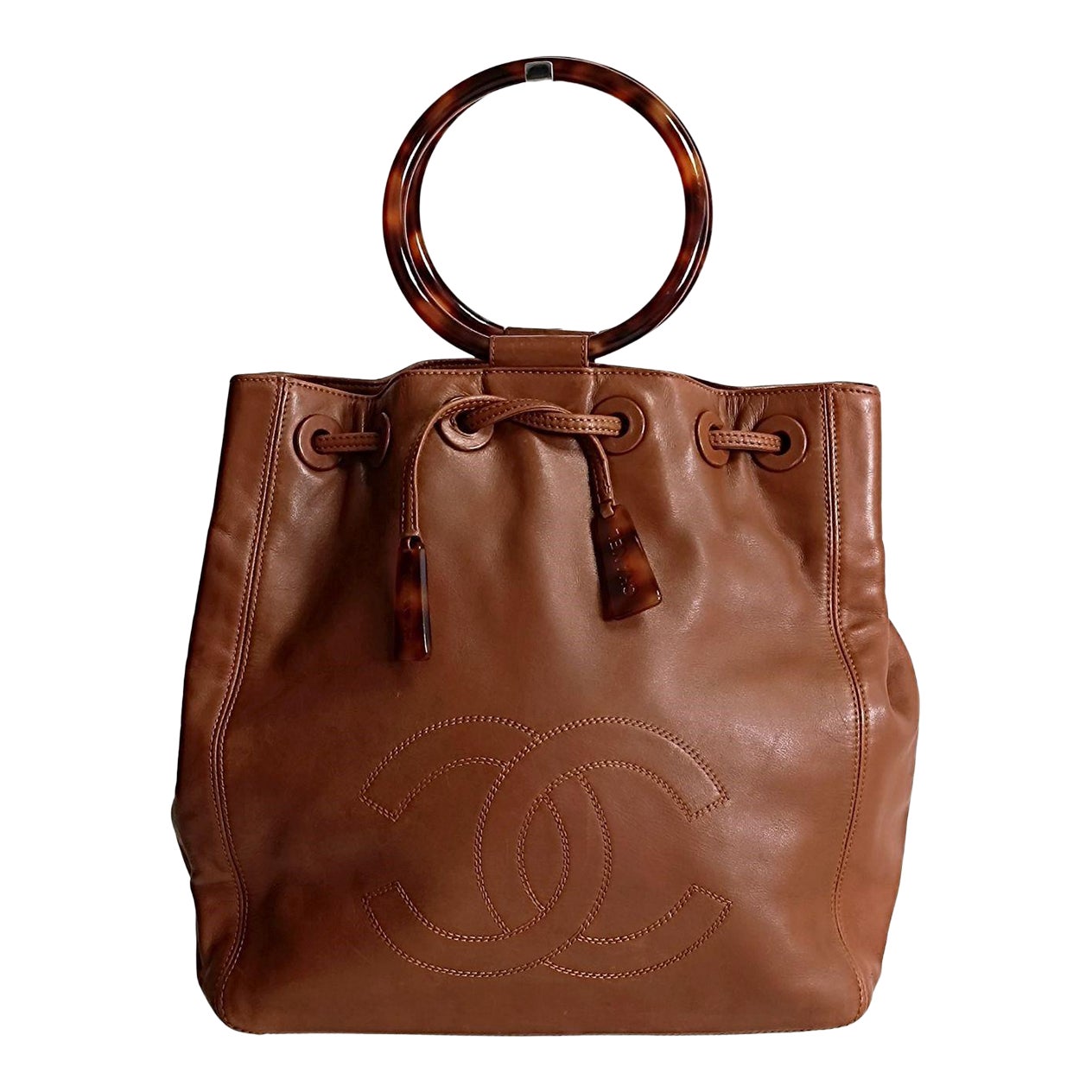 Chanel Bucket Style Handbag With Drawstring In Leather And Bone | Chairish