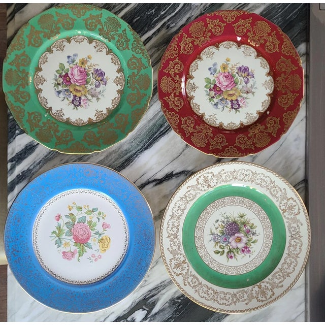 Vintage Vibrant Floral & Gold Gilt Mixed Dinner Plates - Set of 4 ...