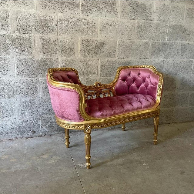 French Pink Velvet Tufted Bench | Chairish
