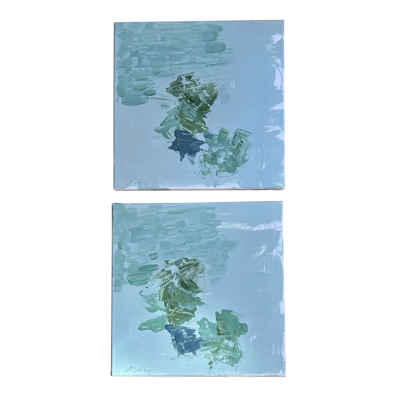 Erin Simon Original “Edges” (Pair in Greens) Abstract Paintings on ...